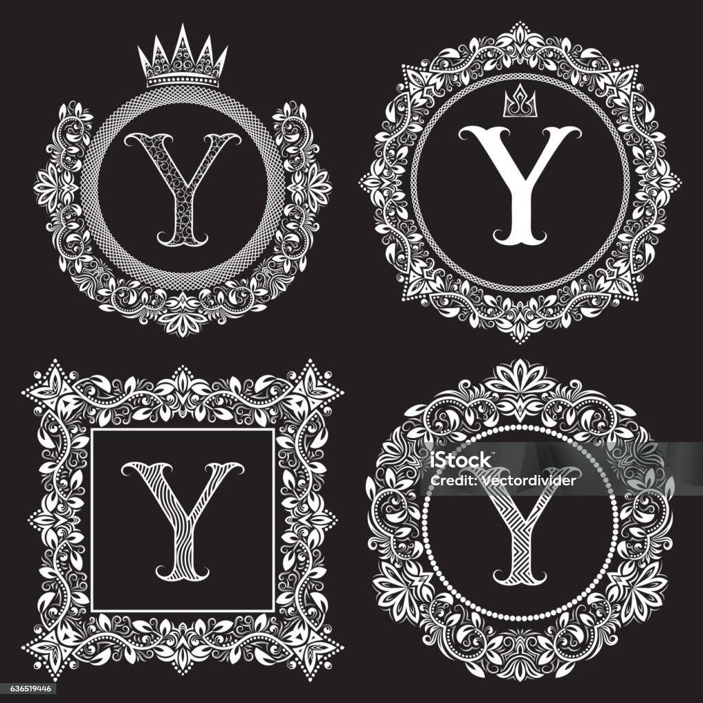 Ilustración De Conjunto De Monogramas Vintage De Letra Y Escudos