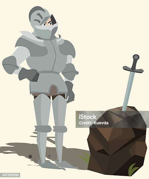 Knight In Armour Looking At Sword In Stone Vector Cartoon向量圖形及更多劍圖片