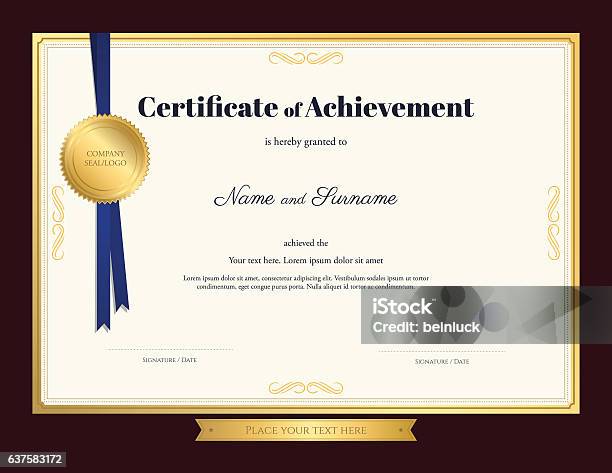 Elegant Certificate Of Achievement Template With Blue Ribbon向量圖形及更多享受圖片