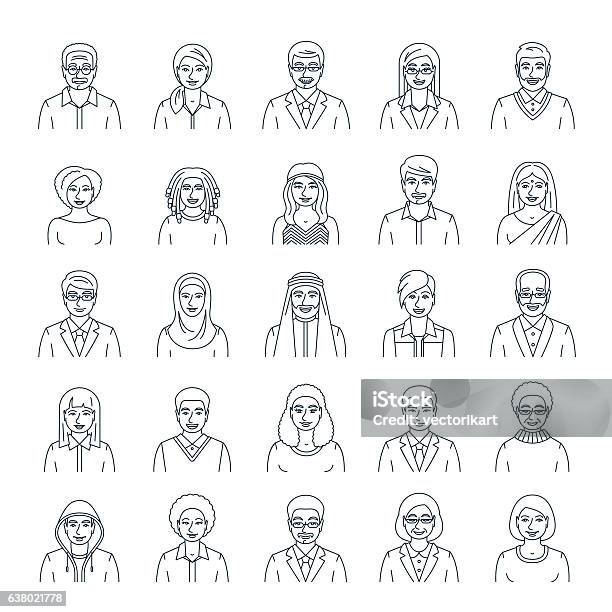 People Faces Avatars Flat Thin Line Vector Icons向量圖形及更多多族裔群種圖片 多族裔群種