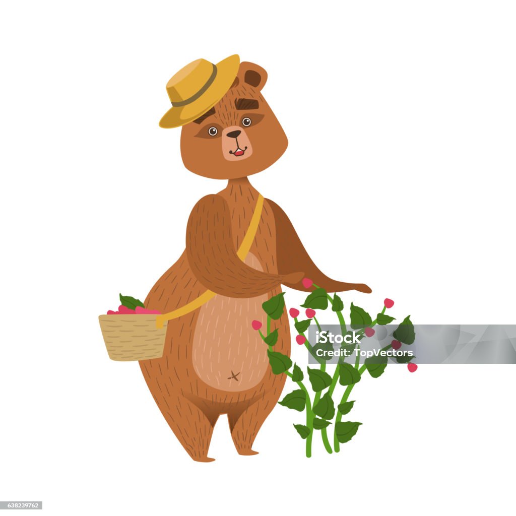 Girly Cartoon Brown Bear Character Wearing Straw Hat Stok Vektör Sanatı