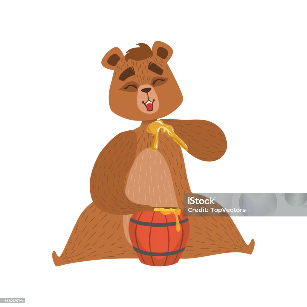 Girly Cartoon Brown Bear Character Eatin Honey With Stok Vektör Sanatı