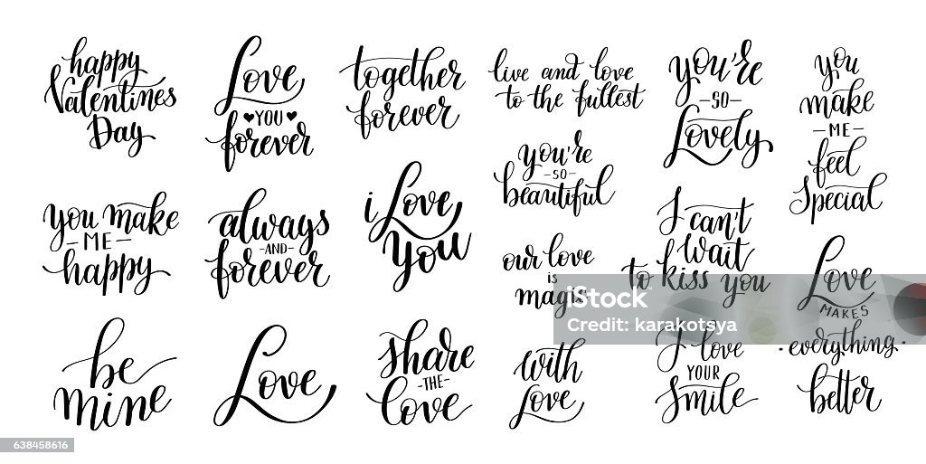 Set Of Black And White Hand Written Lettering About Love Stock