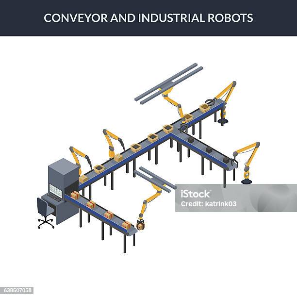Garis Konveyor Otomatis Dengan Robot Industri Ilustrasi Stok Unduh