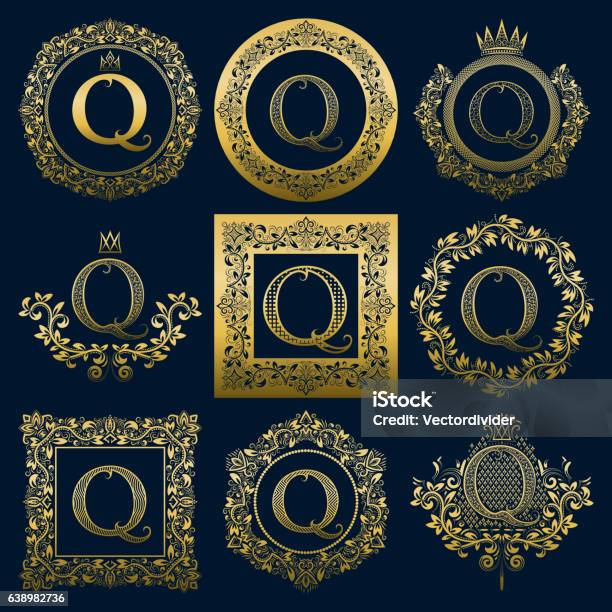 Ilustración De Conjunto De Monogramas Vintage De Letra Q Emblemas