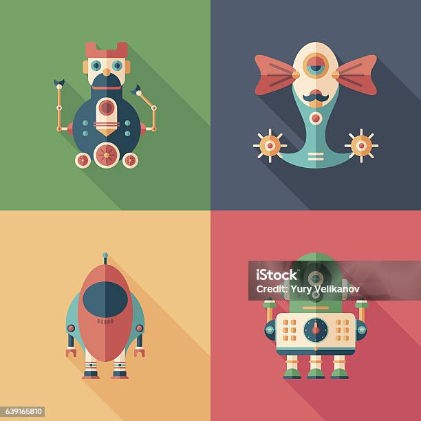 Happy Robots Flat Square Icons With Long Shadows Set 3 Stockvectorkunst