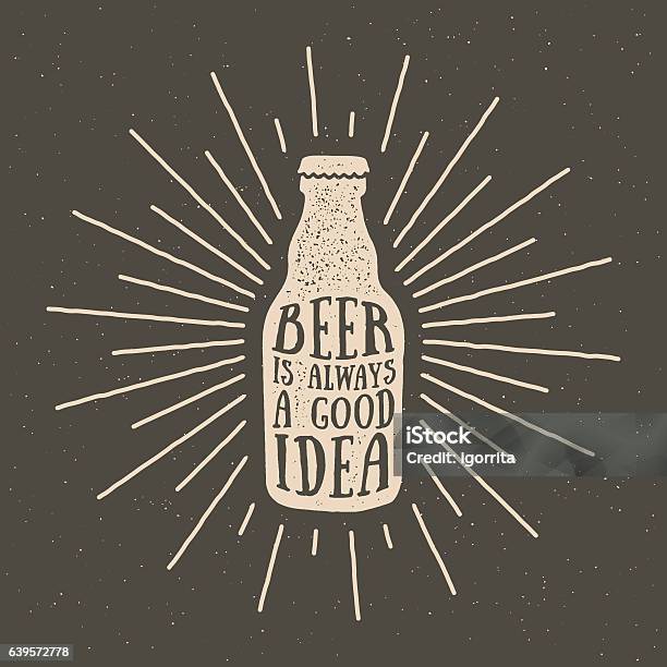 Hand Drawn Vintage Label With Textured Beer Bottle Illustration向量圖形及更多