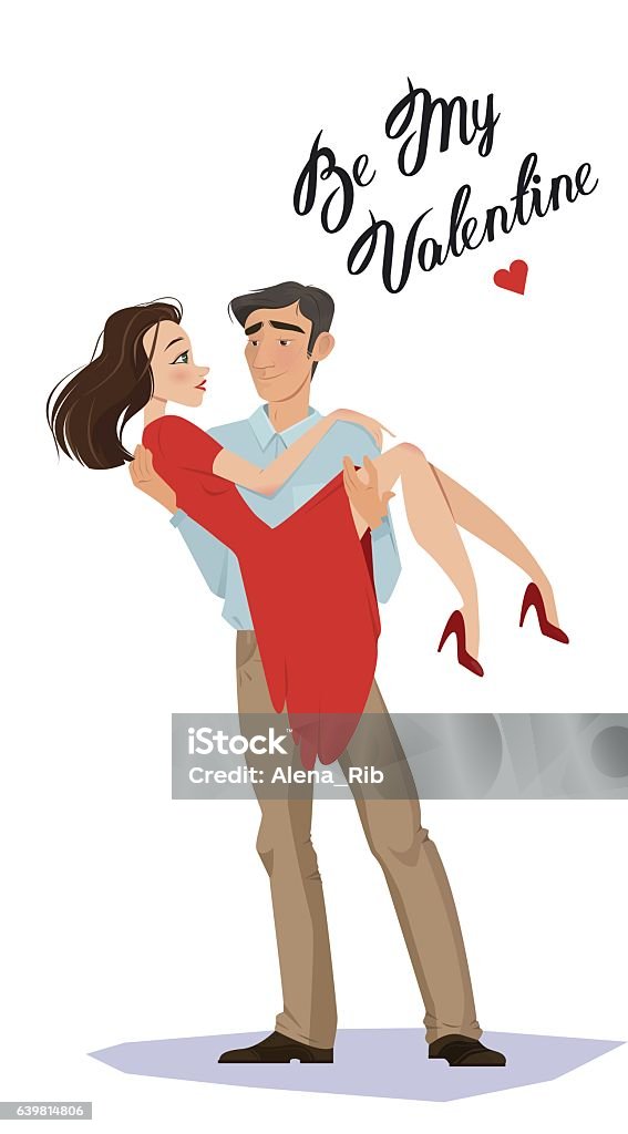 Man Holds Girl In His Arms Lovers Valentines Day Stock Illustration