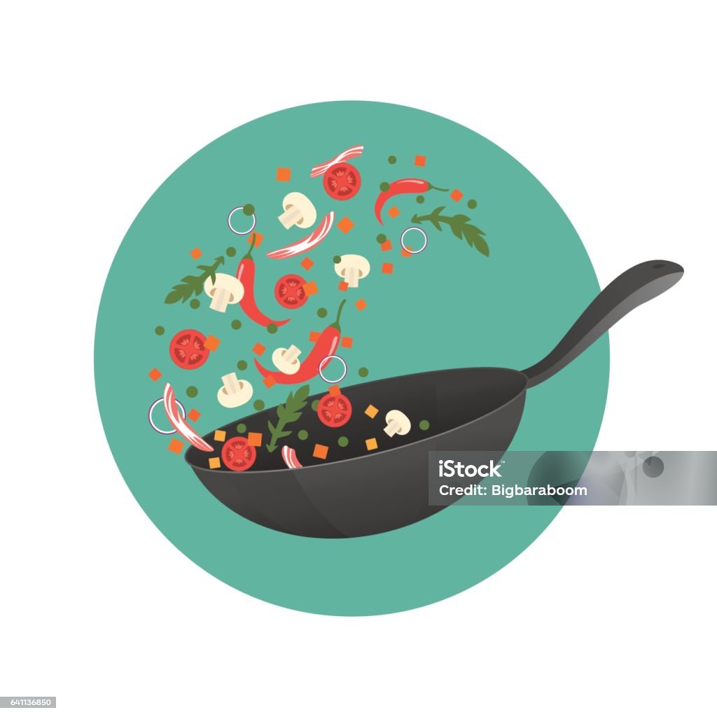 Cooking Process Vector Illustration Flipping Asian Food In A Pan