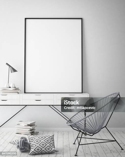 Hipster 인테리어 배경 스 칸디 나 비아 스타일 3 차원 렌더링에 포스터 프레임을 모의 0명에 대한 스톡 벡터 아트 및