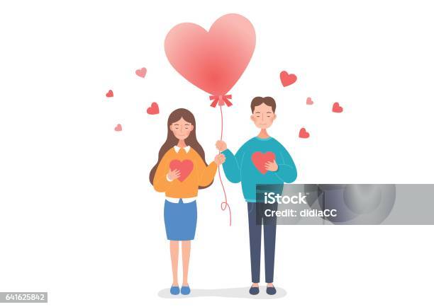 Ilustración De La Pareja Está Sosteniendo Un Globo De Corazón Y Más Vectores Libres De Derechos