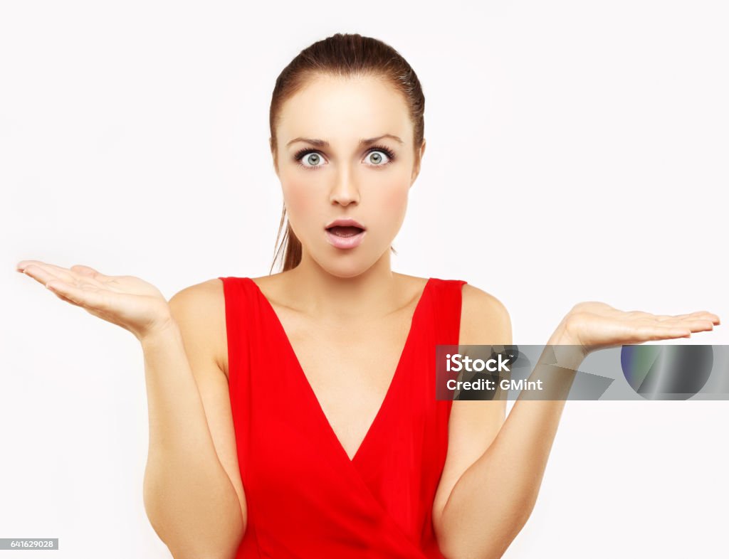 Portrait Of Confused Young Woman Complaining With Raised Hands And ... Portrait Of Confused Young Woman Complaining With Raised Hands And ...