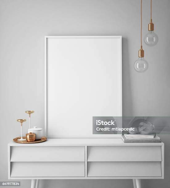 Hipster 인테리어 배경 스 칸디 나 비아 스타일 3 차원 렌더링에 포스터 프레임을 모의 0명에 대한 스톡 벡터 아트 및