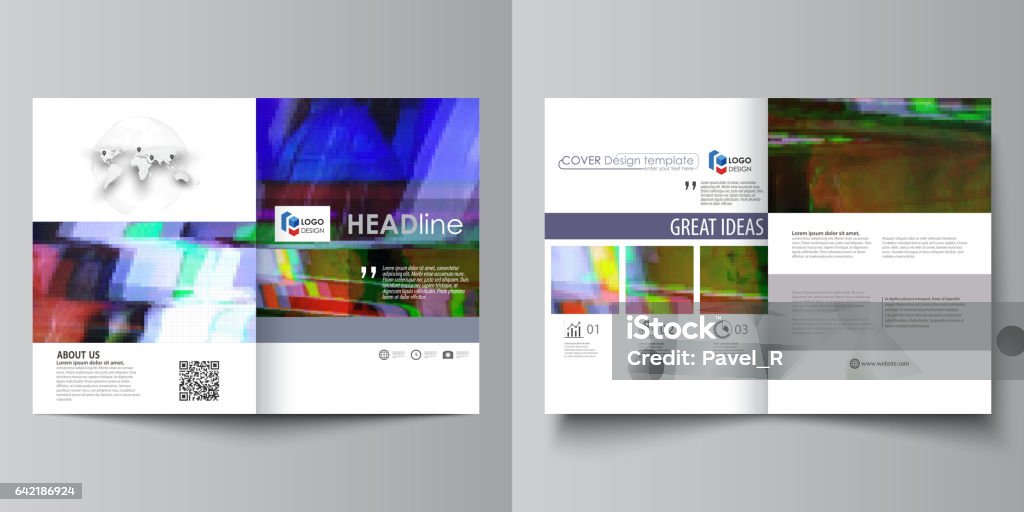 Bi Fold 브로셔 전단지를위한 비즈니스 템플릿 커버 디자인 템플릿 A4 크기의 추상 벡터 레이아웃 글리치 배경 다채로운 픽셀