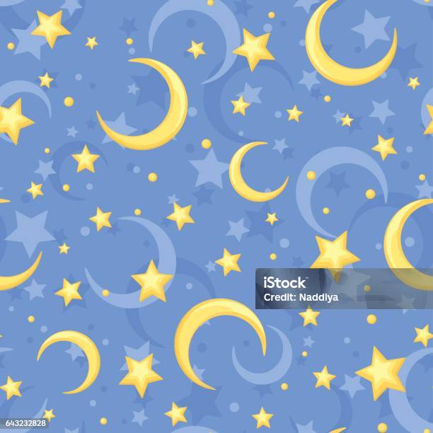 Pola Mulus Vektor Dengan Bintang Kuning Dan Bulan Sabit Berwarna Biru