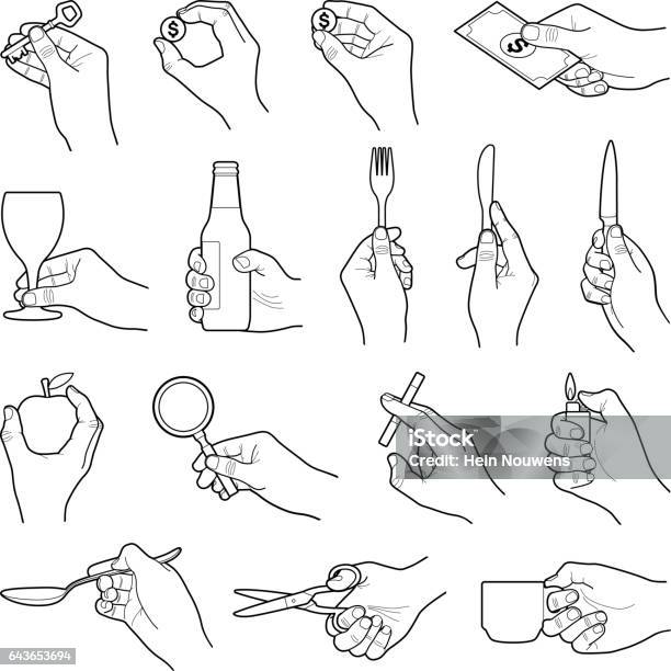 Hands With Objects Collection Vector Line Illustration Stock