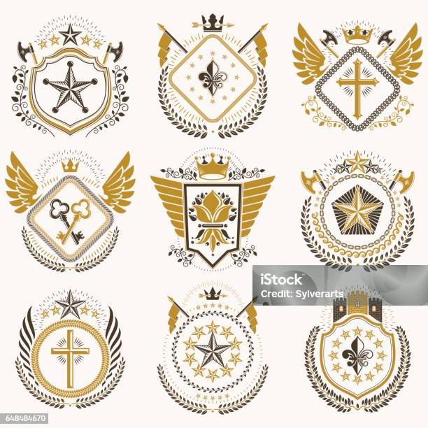 Heraldische Wappen Mit Flügeln Die Isoliert Auf Weißem Hintergrund