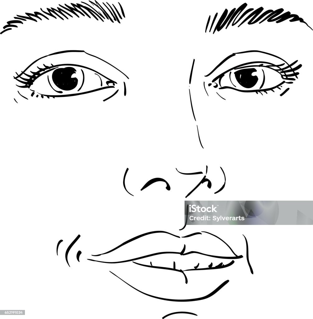 Handdrawn Portrait Of Whiteskin Flirting Woman Face Emotions Theme