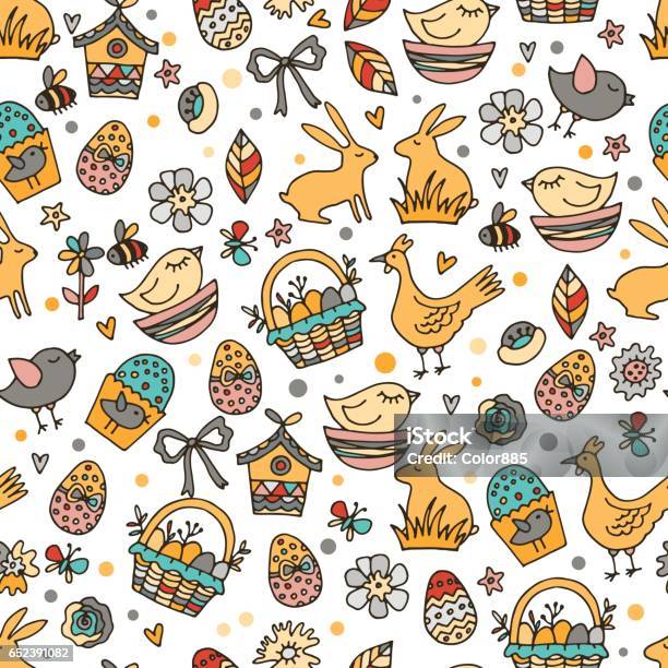 Kartun Vektor Tangan Digambar Doodle Happy Paskah Ilustrasi Pola Mulus