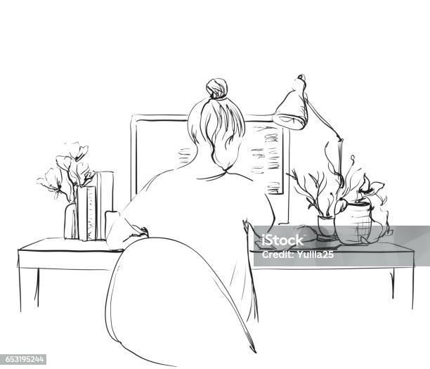 Sketsa Gadis Yang Bekerja Di Komputer Ilustrasi Stok - Unduh Gambar ... Sketsa Gadis Yang Bekerja Di Komputer Ilustrasi Stok - Unduh Gambar ...