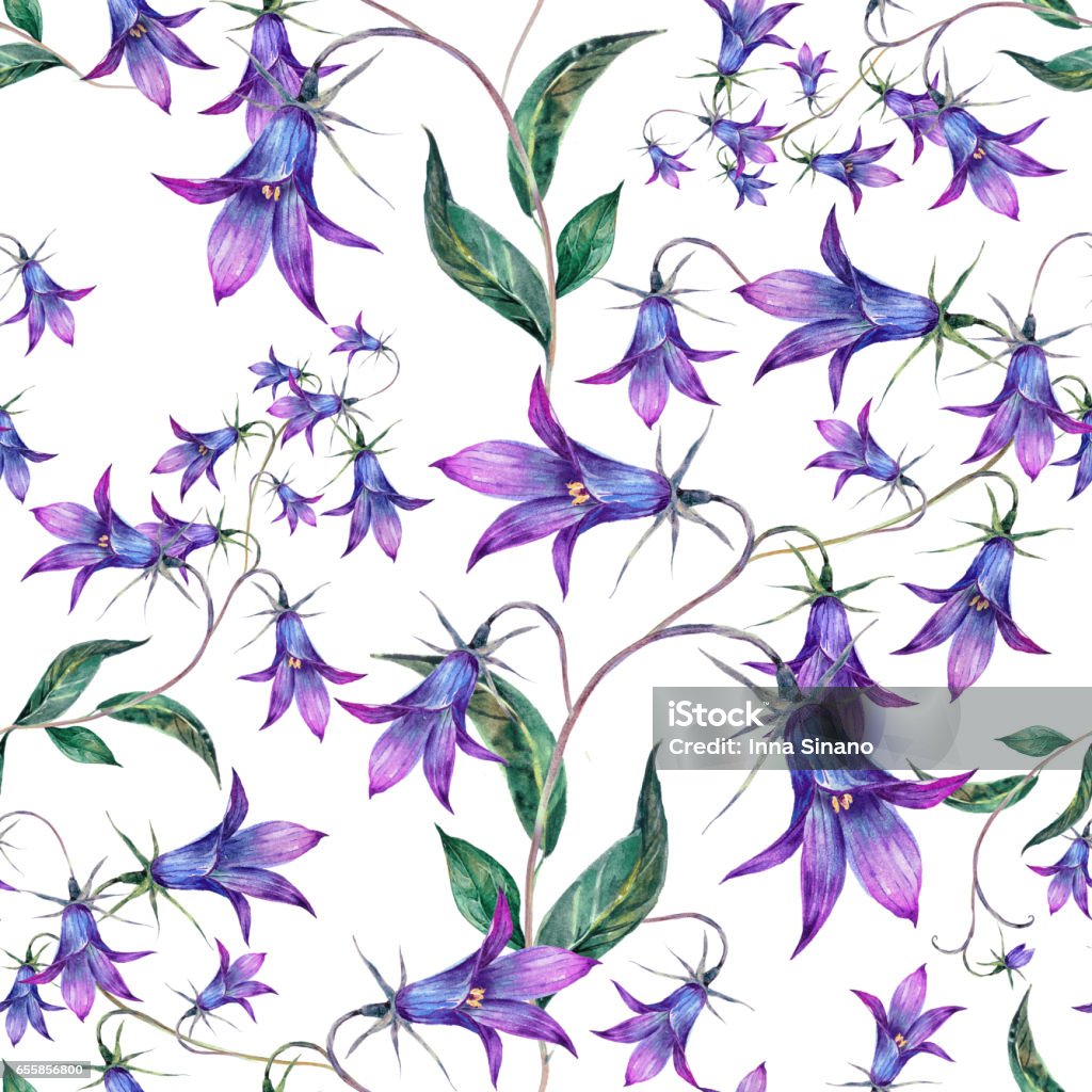 Hand Drawn Watercolor Bluebell Flower Pattern Stock Illustration