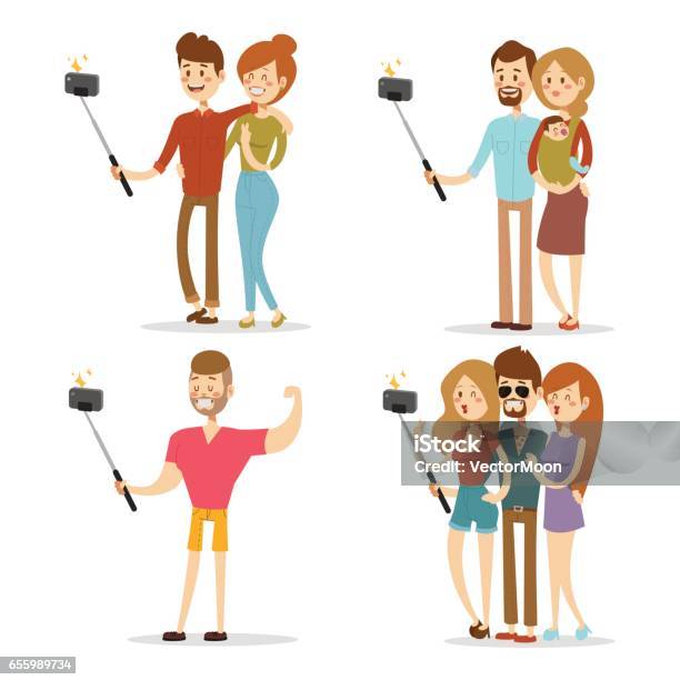 Selfie 사람들이 고립 된 벡터 그림 문자 사진 라이프 스타일 설정된 Hipster 스마트 플랫 카메라 스마트폰 사람 그림
