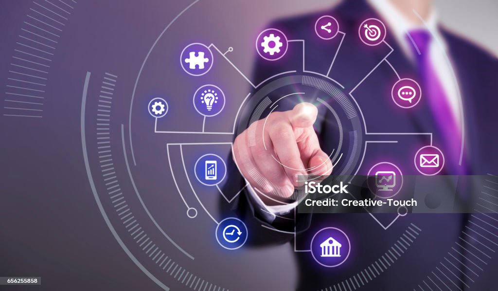 Business Man Touch Screen Concept Business Symbols Stock Photo ... Business Man Touch Screen Concept Business Symbols Stock Photo ...
