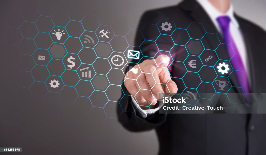Business Man Touch Screen Concept Hexagonal Business Stock Photo ... Business Man Touch Screen Concept Hexagonal Business Stock Photo ...