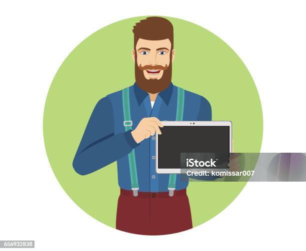 Hipster 보여주는 빈 디지털 태블릿 Pc 개성 개념에 대한 스톡 벡터 아트 및 기타 이미지 개성 개념 남자 노트북