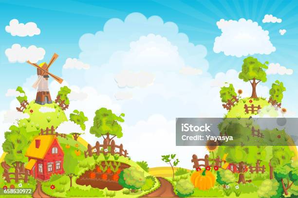 Lanskap Pedesaan Dengan Rumah Taman Pabrik Ladang Dan Ilustrasi Bukit ... Lanskap Pedesaan Dengan Rumah Taman Pabrik Ladang Dan Ilustrasi Bukit ...