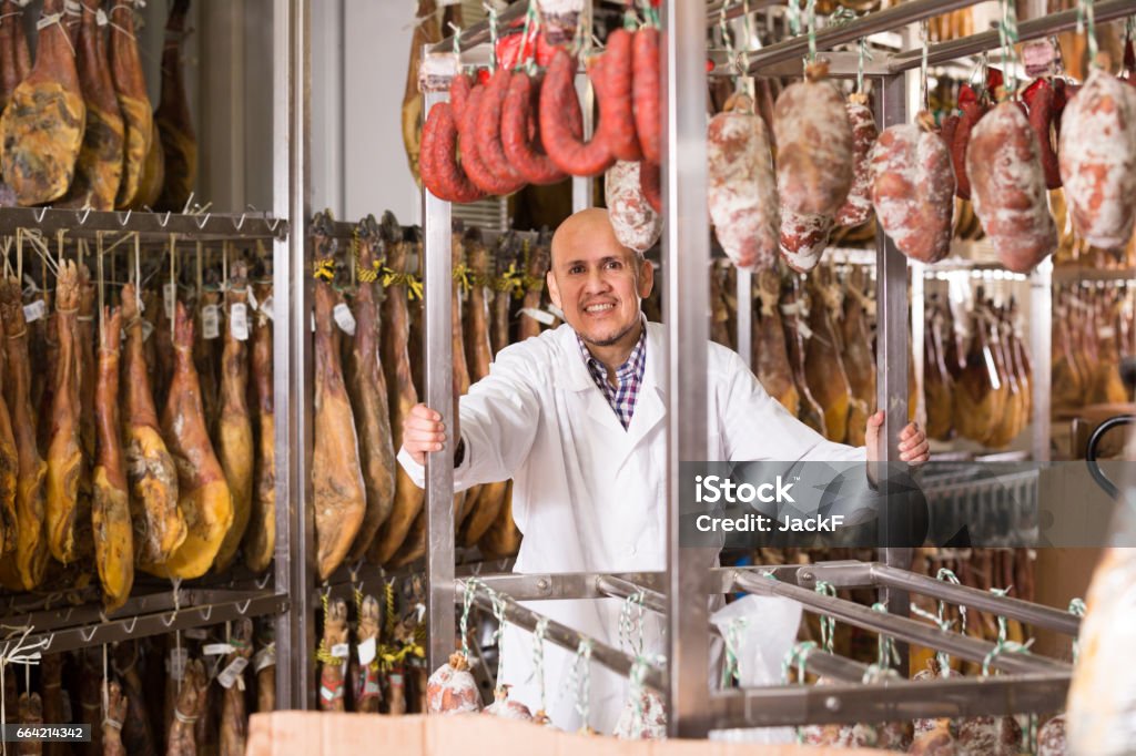 Technologist 위장하여 Wurst 및 Jamon 있는 공장 산업 건물에 대한 스톡 사진 및 기타 이미지 공장 산업