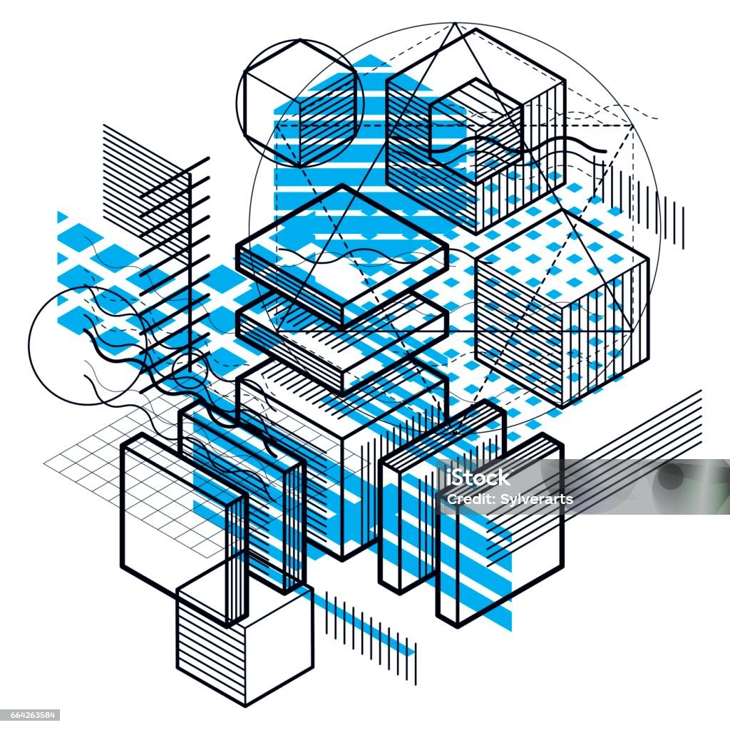 Abstract Design With 3d Linear Mesh Shapes And Figures Vector Isometric