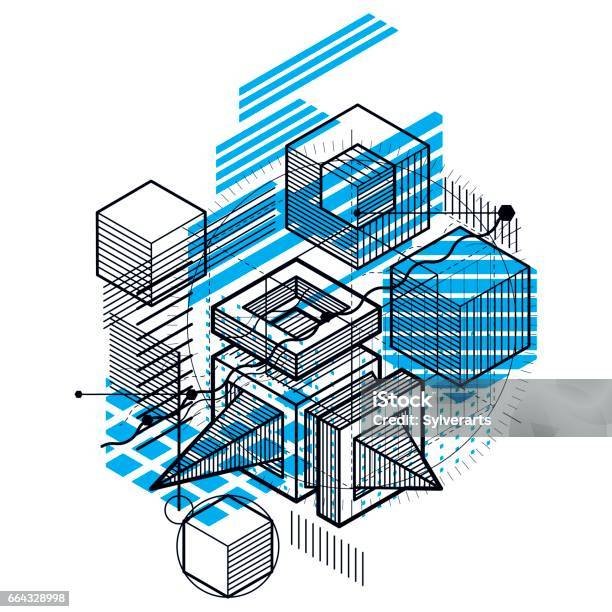 Abstract Design With 3d Linear Mesh Shapes And Figures Vector Isometric
