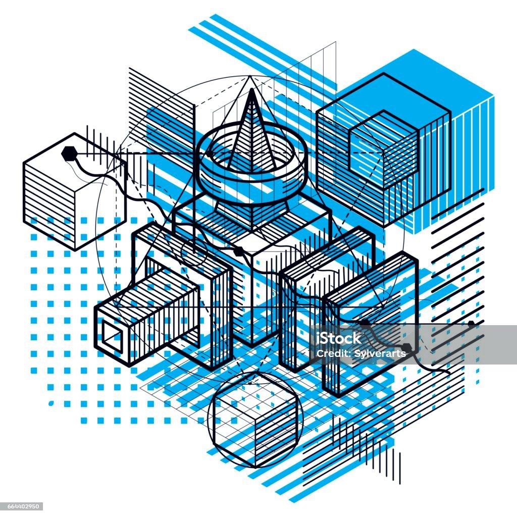 Abstract Design With 3d Linear Mesh Shapes And Figures Vector Isometric