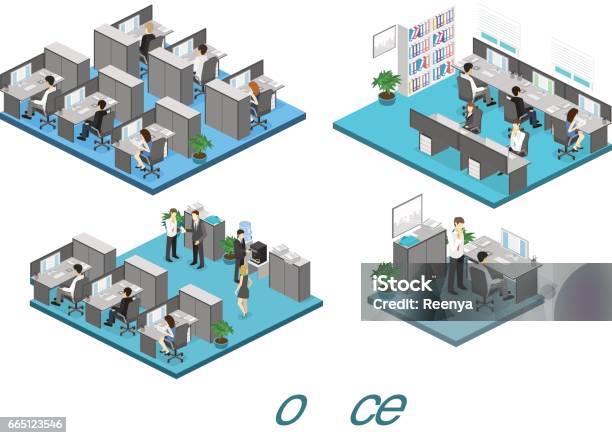 3 차원 Isometric 추상 사무실 바닥 인테리어 부서 개념 평면 Office의 그림 등측투영법에 대한 스톡 벡터 아트 및