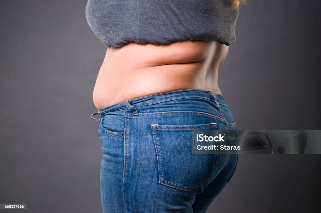 Woman With Fat Abdomen In Blue Jeans Overweight Female Stomach Stretch