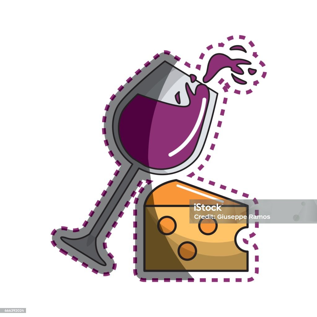 Sticker Glass Splashing Wine With Cheese Icon Stock Illustration