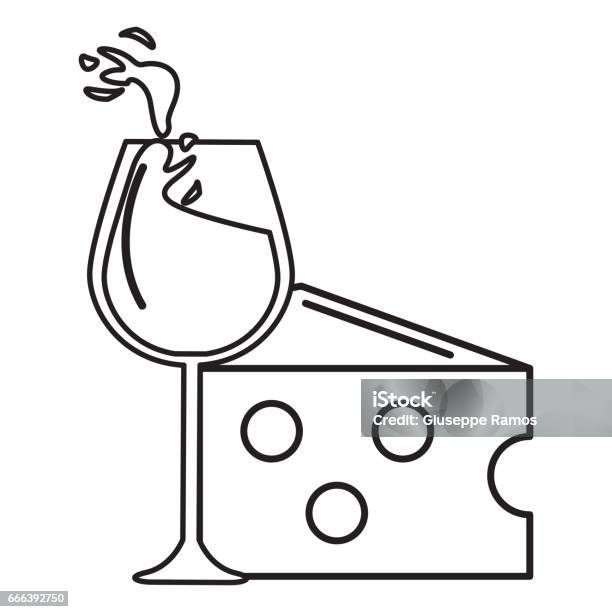 Line Glass Splashing Wine With Cheese Icon Stock Illustration