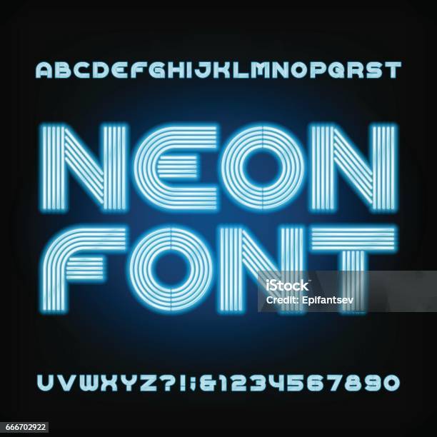 Font Alfabet Tabung Neon Biru Ketik Huruf Dan Angka Ilustrasi Stok