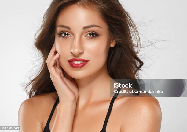 Beautiful Woman Skin Tanned Red Lips Healthy Beauty Skin Smile Spa