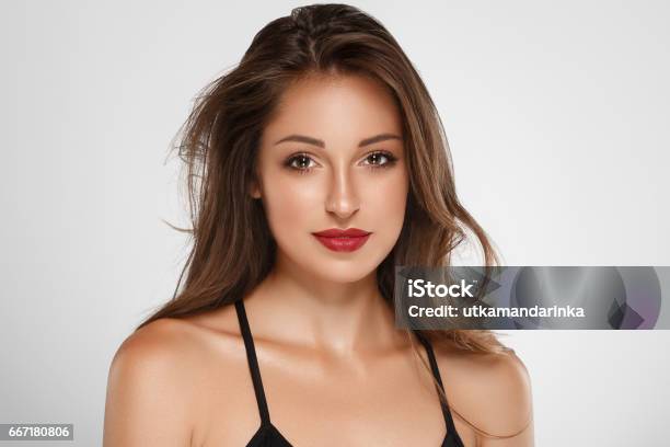 Beautiful Woman Skin Tanned Red Lips Healthy Beauty Skin Smile Spa