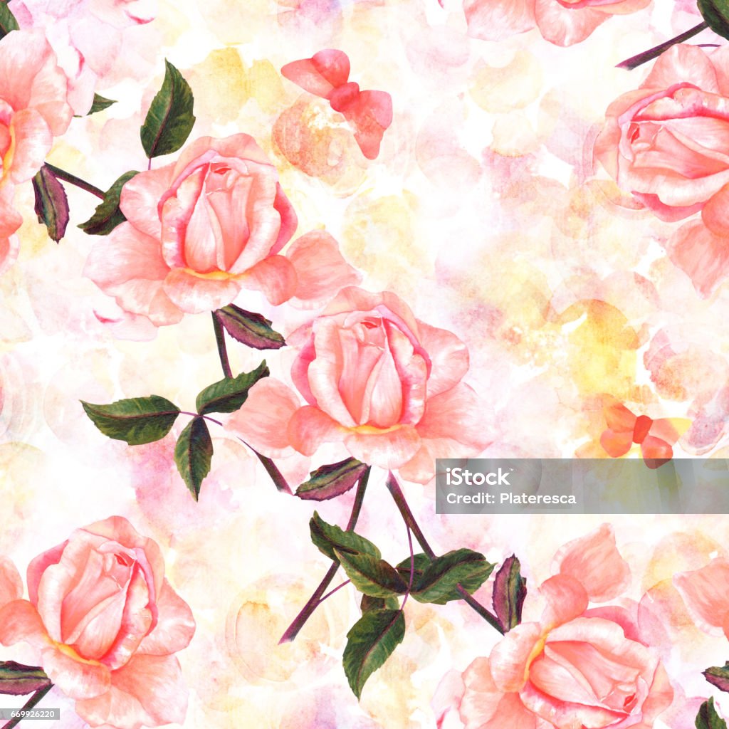 Seamless Pastel Pattern With Watercolor Rose And Butterfly Stock