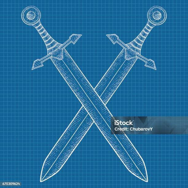 Crossed Swords Hand Drawn Sketch On Blueprint Background Stock ... Crossed Swords Hand Drawn Sketch On Blueprint Background Stock ...