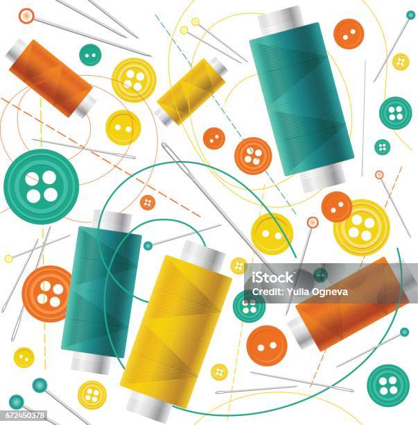 Seamless Pattern Colorful Spools Of Thread Buttons And Needles For