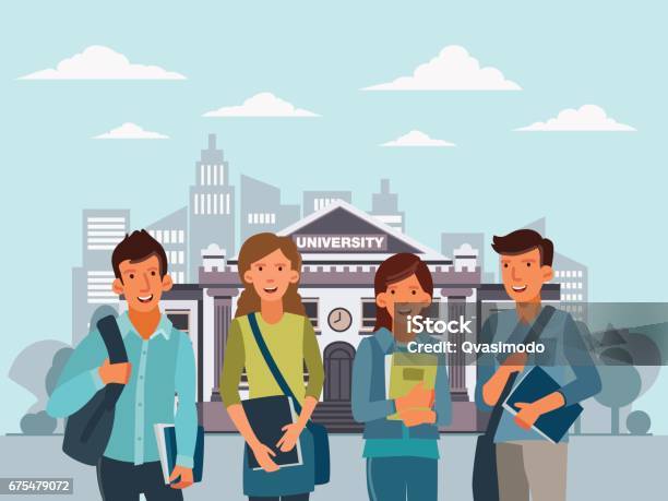 Kelompok Siswa Yang Bahagia Dan Tersenyum Berdiri Dengan Buku Catatan