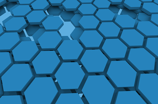 Blockchain 분산 레저 기술 배경 Cryptocurrencies 또는 Bitcoin 개념에 파란색 육각형 6 면 다각형