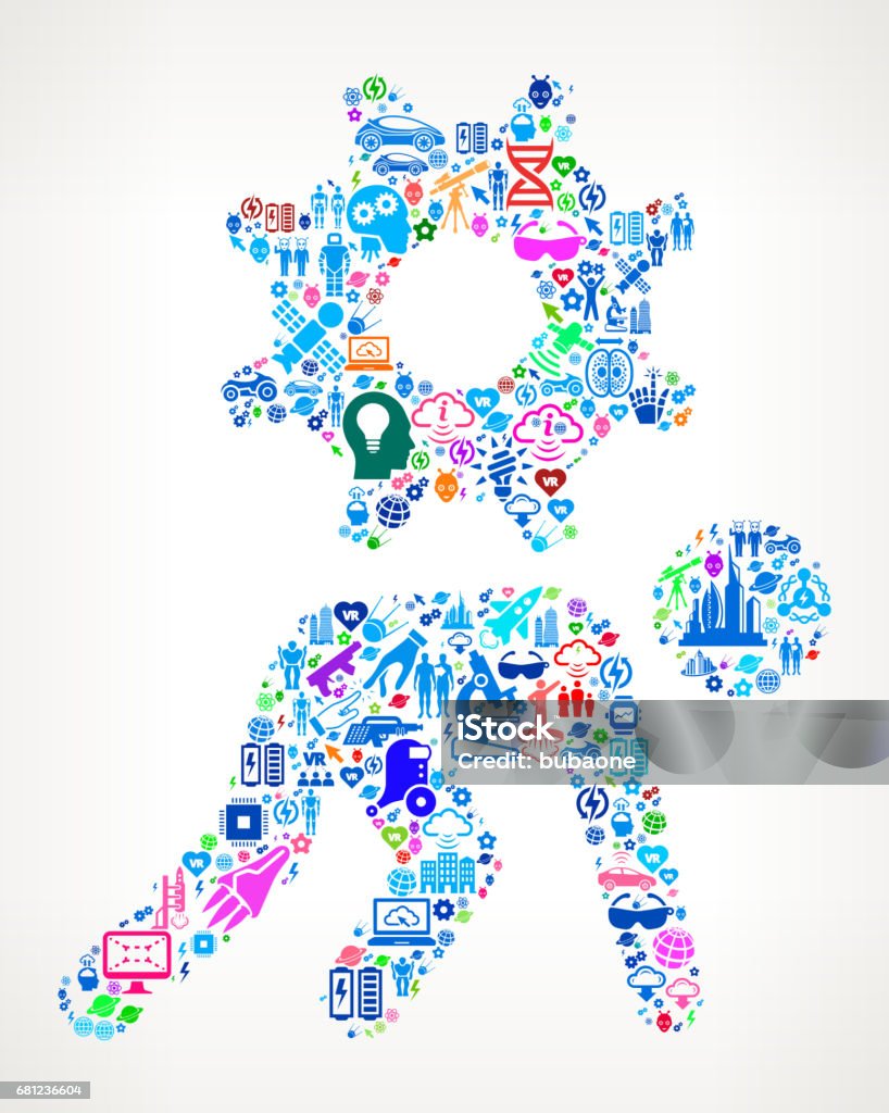 Stick Figure Poussant Gear Technologie Futuriste Et Futurs Vector Icon