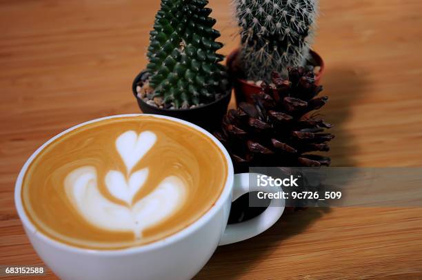 Kopi Dalam Cangkir Putih Dan Kaktus Di Atas Meja Kayu Foto Stok Unduh