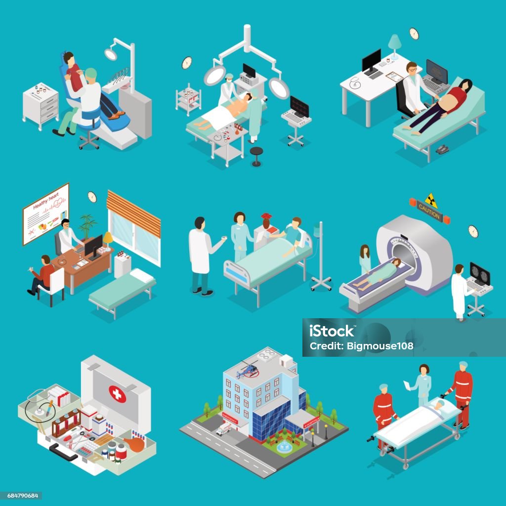 Doctor And Symbol Of Medicine Design Element Set Isometric View Vector