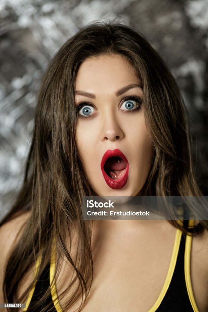 Collage Of Portraits Of Different Emotions Women Brunette On Dark